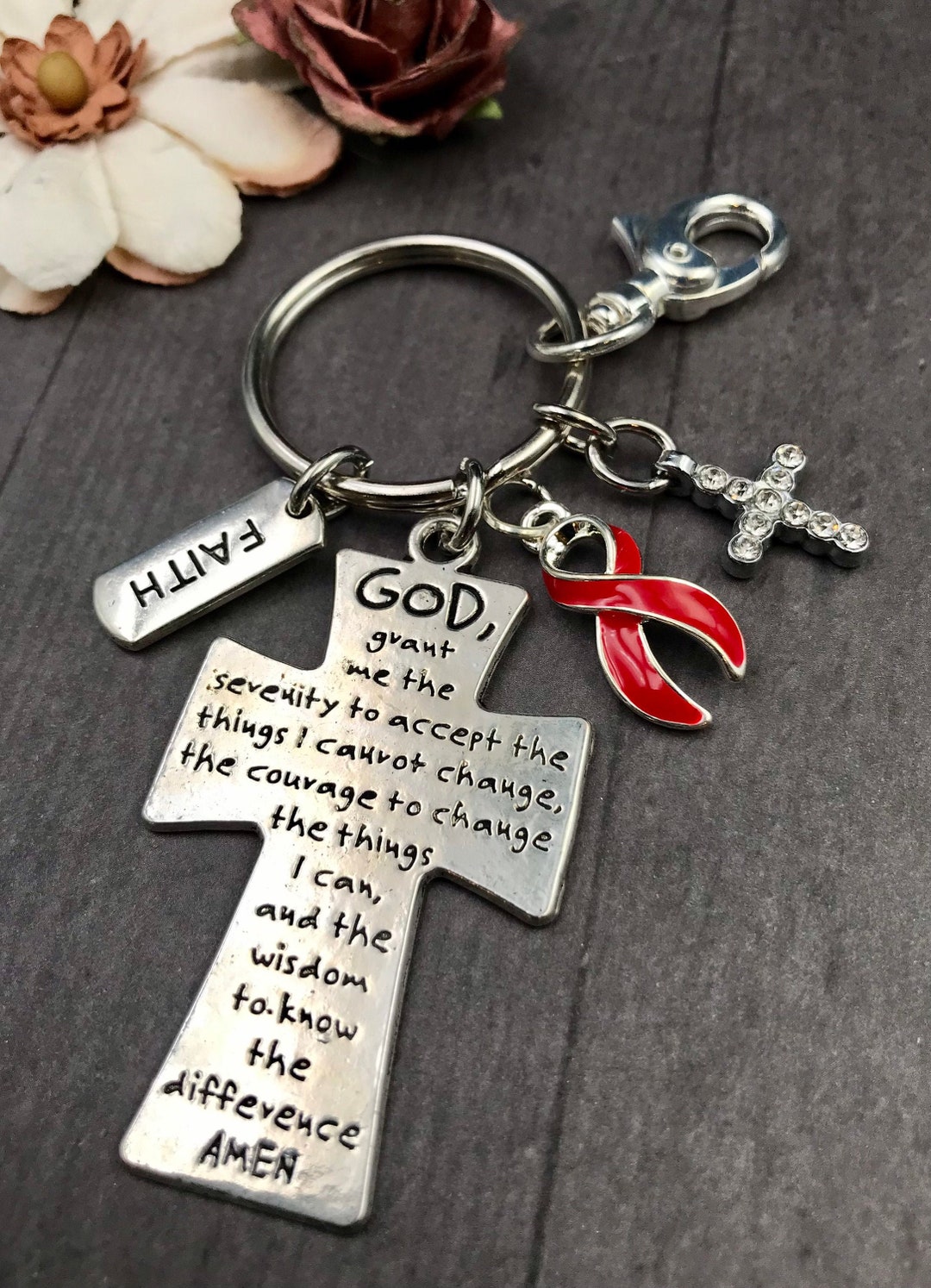 Red Ribbon Keychain - Sobriety Sober Living, HIV Aids Awareness, Heart ...