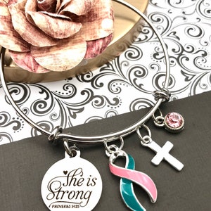 She is Strong / Proverbs 34:25 / Charm Bracelet - Pink and Teal Ribbon ...