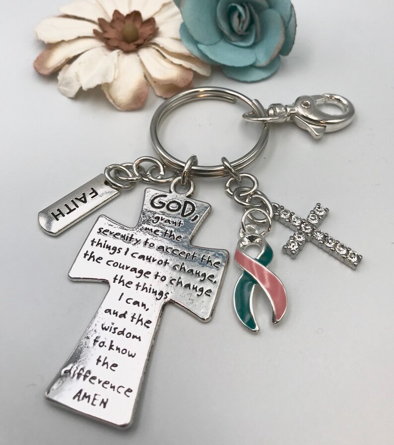 Previvor Serenity Prayer Keychain Pink and Teal Ribbon Charm | Etsy