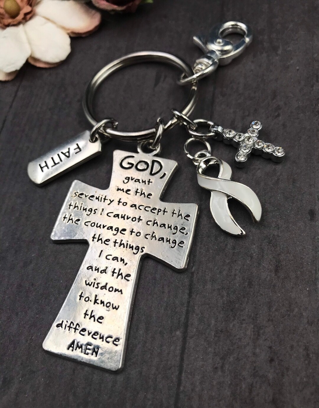 Serenity Prayer Keychain / White Ribbon Charm / Lung Cancer Survivor ...