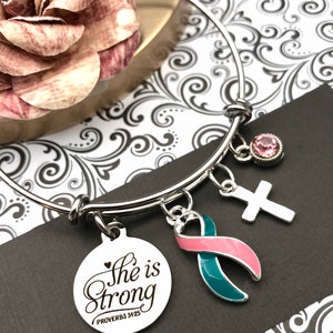 She is Strong / Proverbs 34:25 / Charm Bracelet - Pink and Teal Ribbon ...
