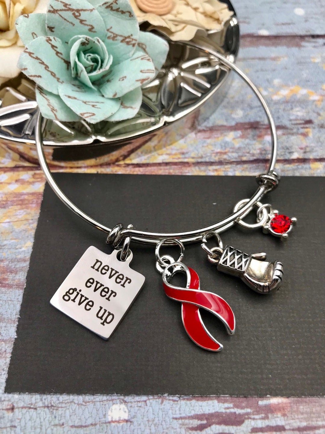 Never Give up Red Ribbon Charm Bracelet Aids HIV, Sick Cell Anemia ...
