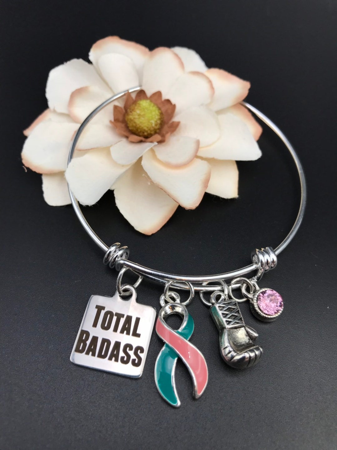 Previvor Total Badass Charm Bracelet Pink and Teal Ribbon - Etsy