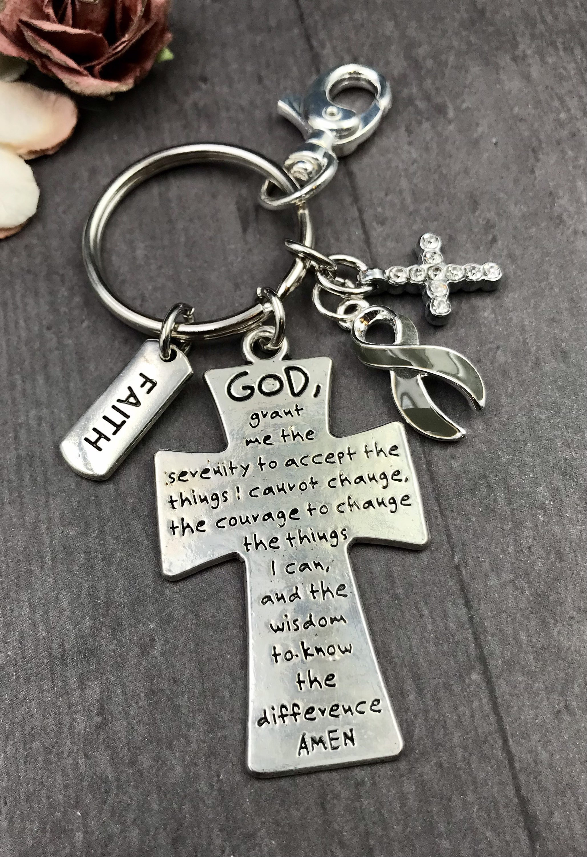 Serenity Prayer Keychain / Grey Gray Ribbon Charm / Brain Cancer Tumor ...