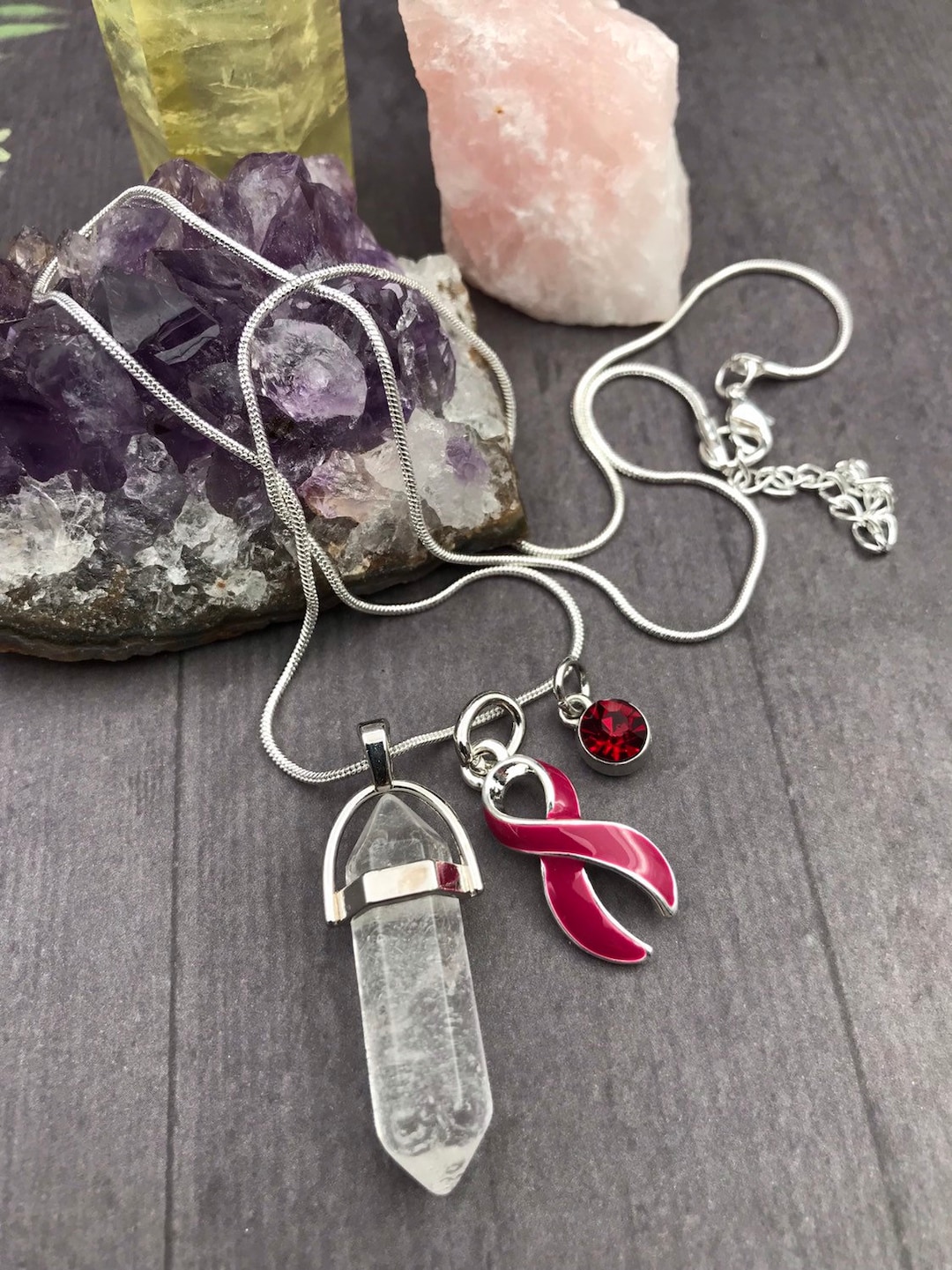 Healing Crystal Quartz Necklace / Burgundy Ribbon Charm / Multiple ...