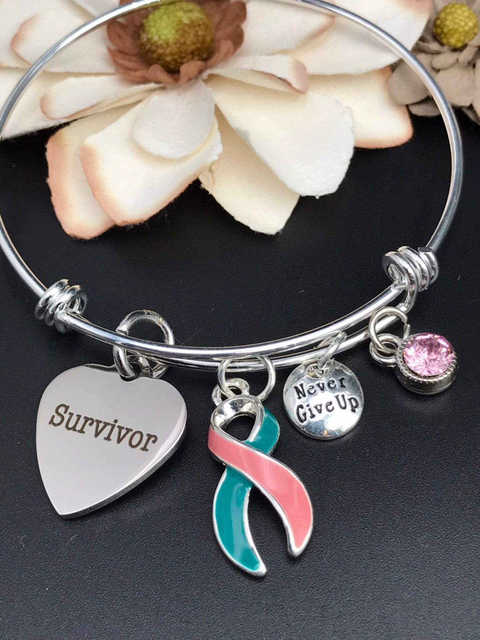 Previvor Survivor Charm Bracelet Pink and Teal Ribbon - Etsy