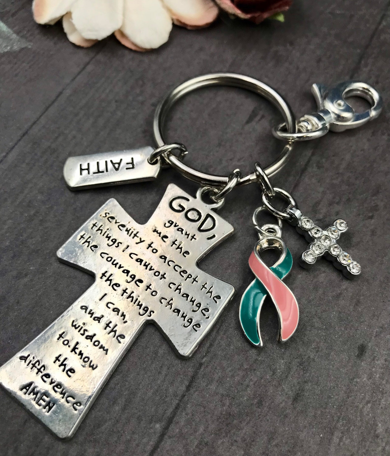 Previvor Serenity Prayer Keychain Pink and Teal Ribbon Charm - Etsy