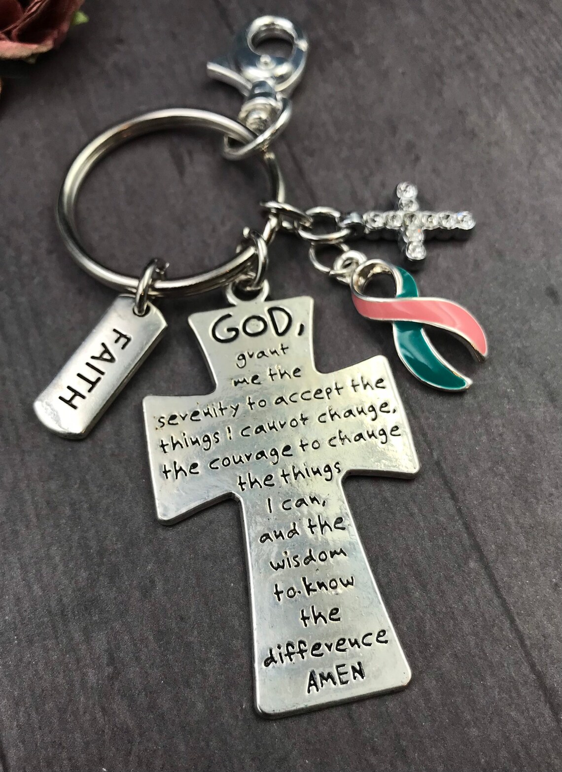 Previvor Serenity Prayer Keychain Pink and Teal Ribbon Charm - Etsy