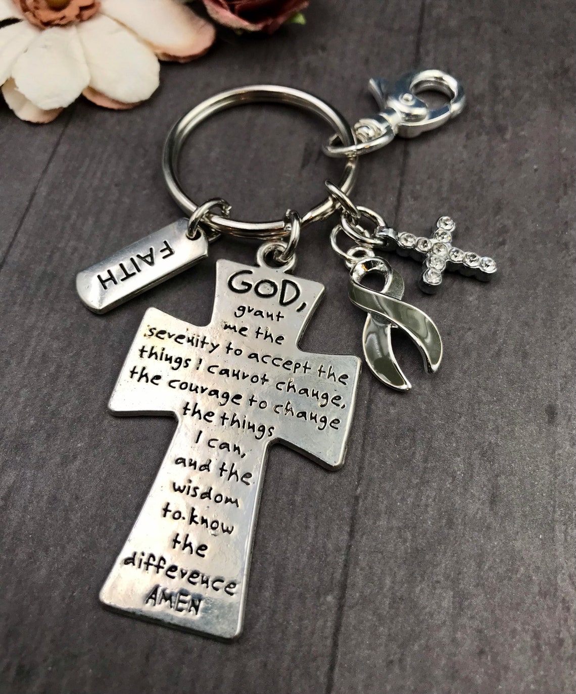 Serenity Prayer Keychain / Grey Gray Ribbon Charm / Brain Cancer Tumor ...