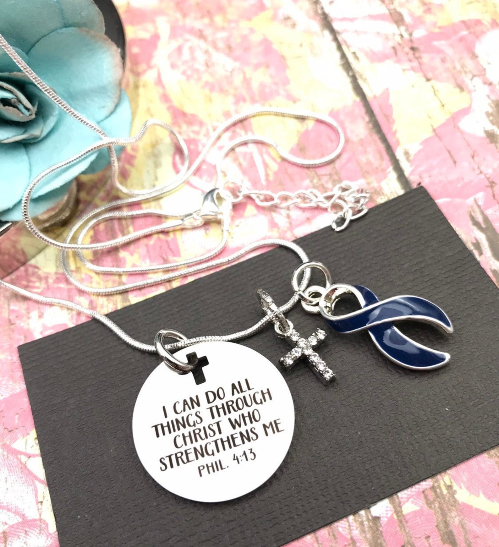 Navy Blue Ribbon Necklace - Colon Cancer, Colorectal, Coltitis Warrior ...