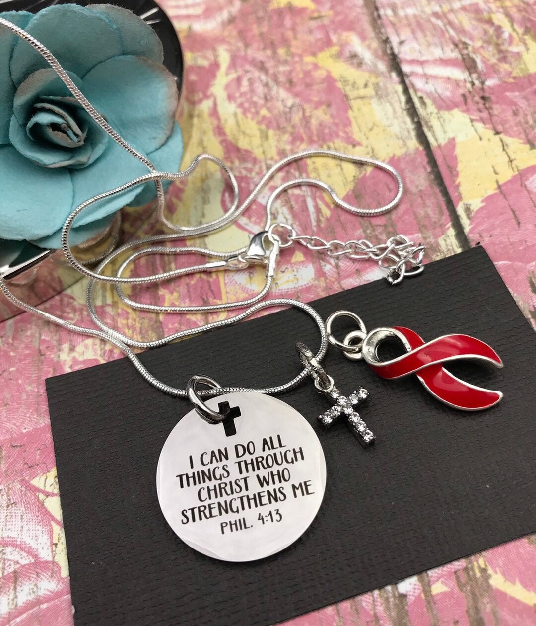 Red Ribbon Charm Necklace Heart Disease, HIV Aids Awareness, Burn ...