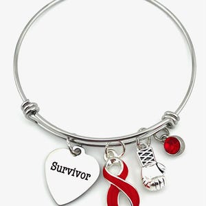 Survivor Red Ribbon Charm Bracelet / Aids HIV Awareness, Heart Disease ...