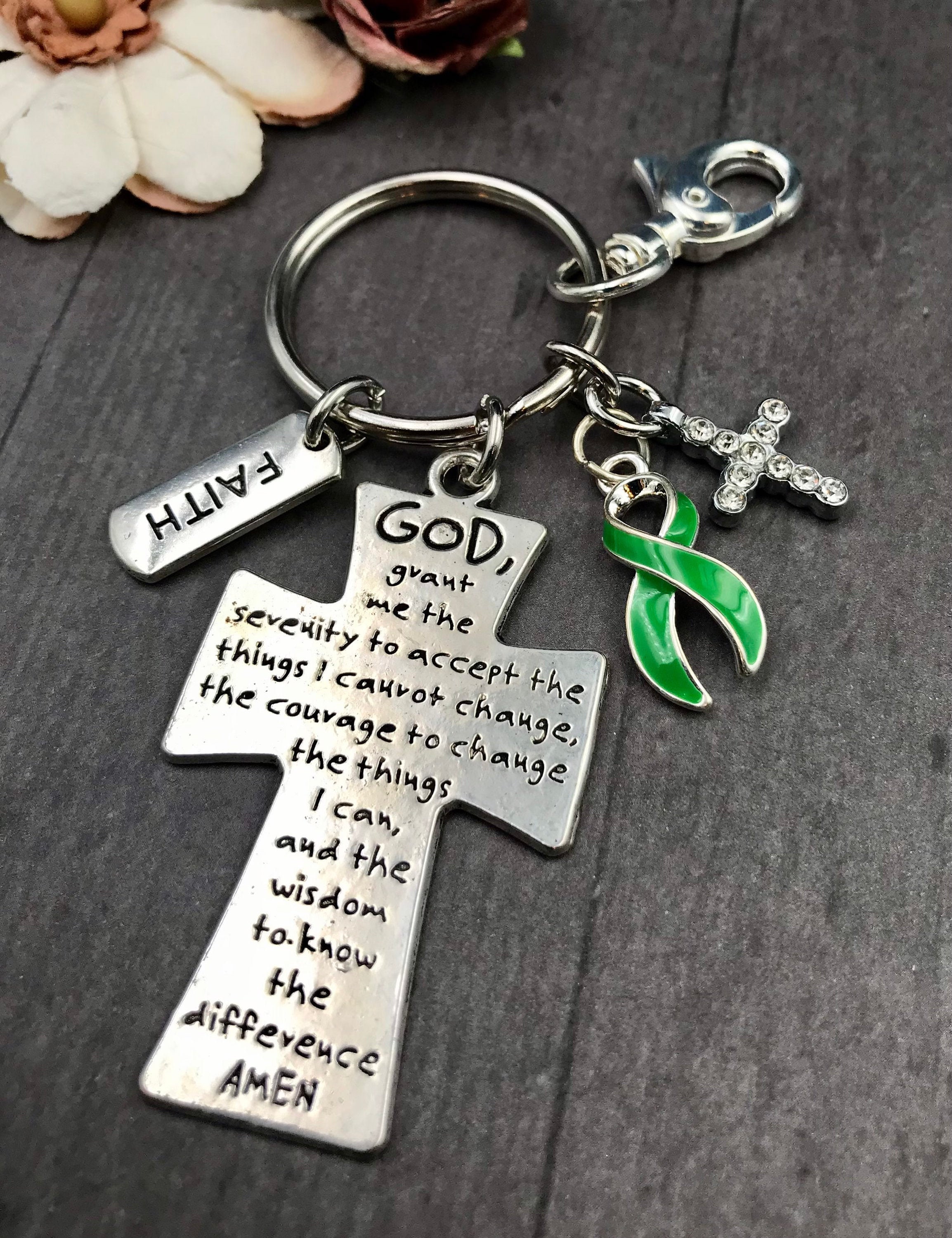 Green Ribbon Serenity Prayer Keychain / Adrenal Cancer | Etsy