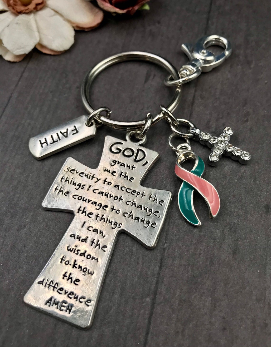 Previvor Serenity Prayer Keychain Pink and Teal Ribbon Charm | Etsy