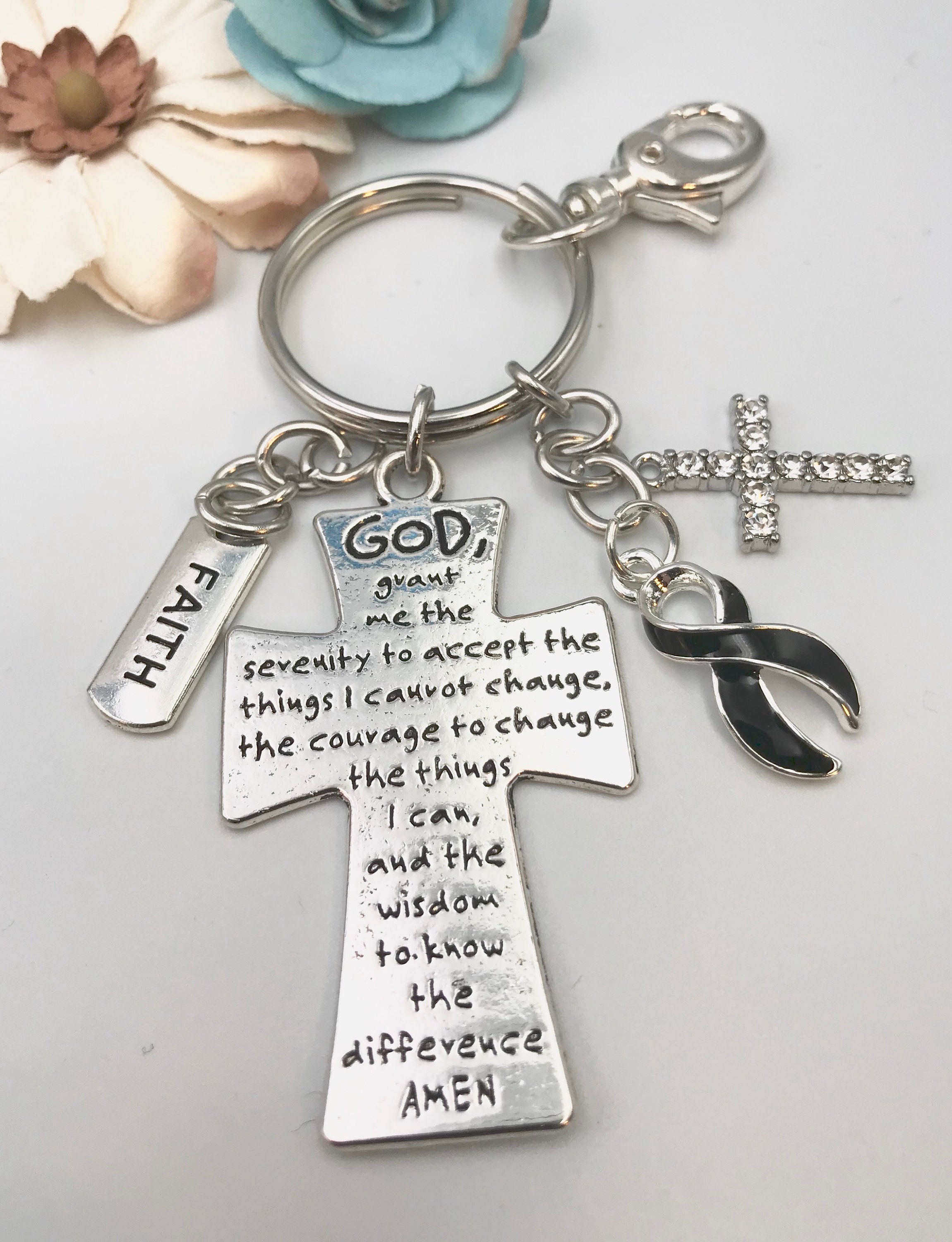 Black Ribbon Serenity Prayer Keychain / Melanoma Survivor | Etsy