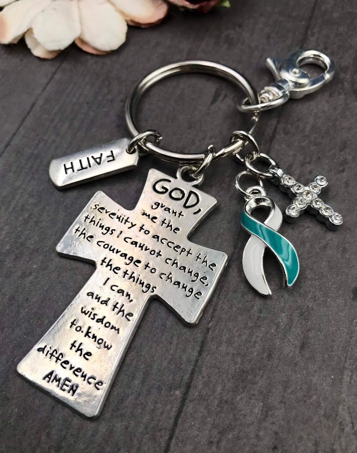 Cervical Cancer Survivor / Awareness Gift - Teal and White Ribbon Charm ...