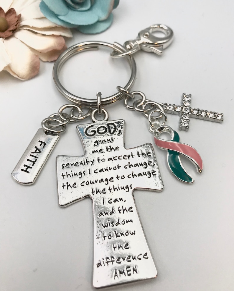 Previvor Serenity Prayer Keychain Pink and Teal Ribbon Charm | Etsy