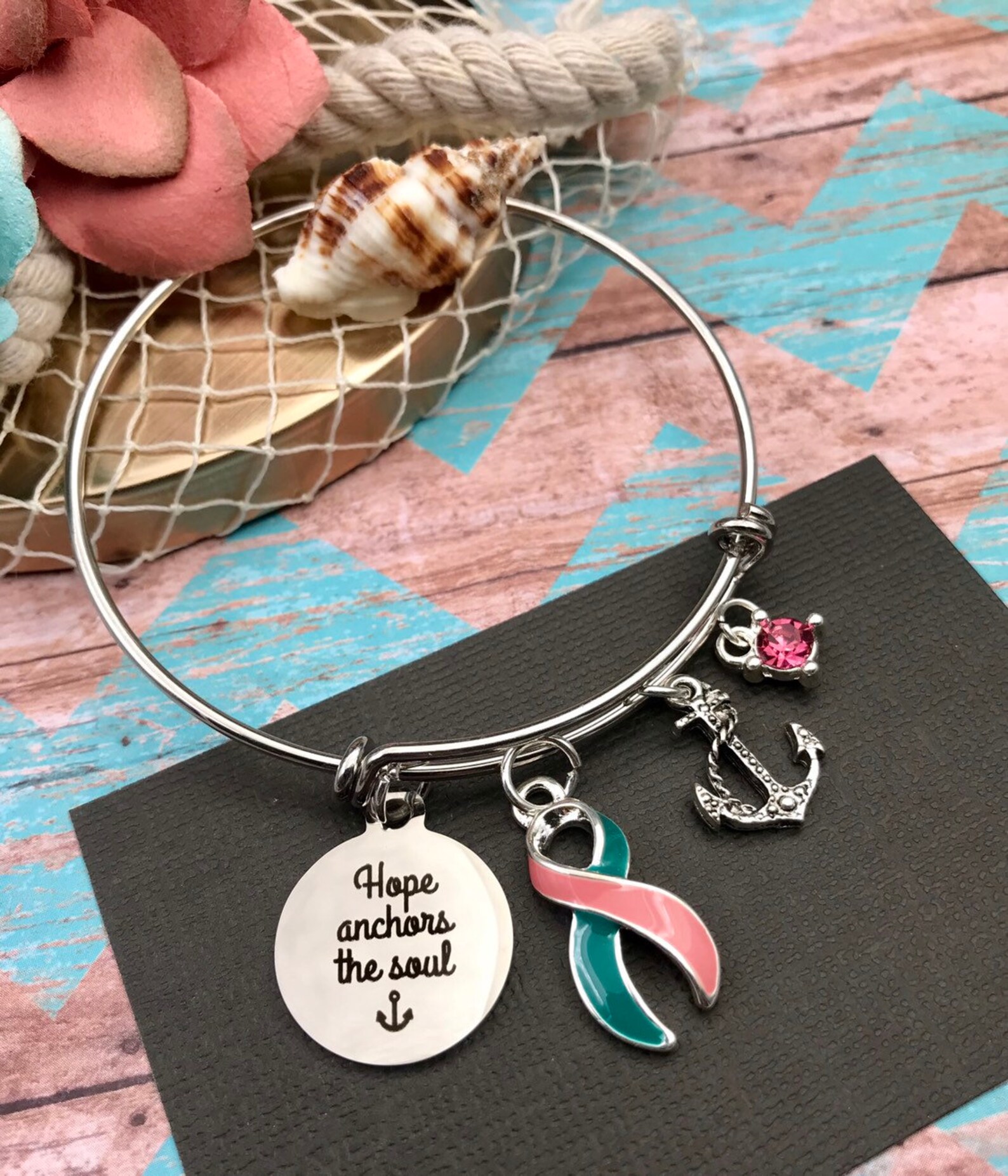 Previvor Charm Bracelet Pink and Teal Ribbon BRCA - Etsy
