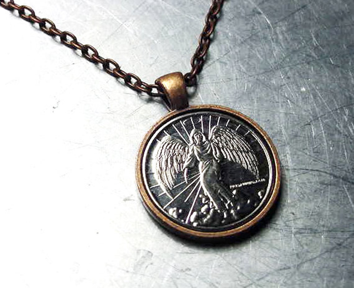 GUARDIAN ANGEL NECKLACE Pendant Angel Coin Token Vintage Silver Brass ...
