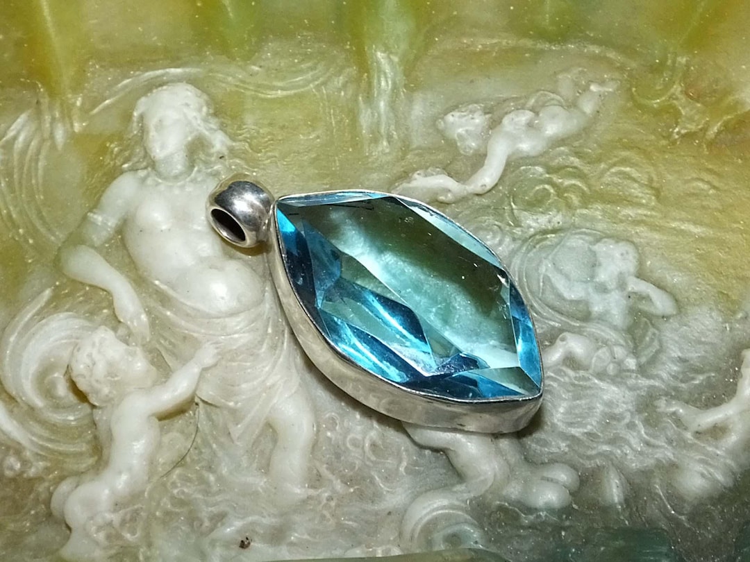 Vintage Large Aqua Blue Crystal Glass Marquise Shaped Sterling 925 ...