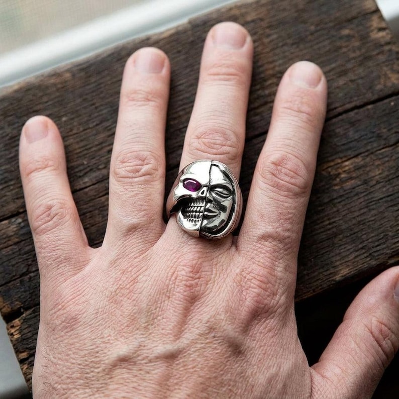 Two Face Skull Sterling Silver Ring With Red Eye Accent - Etsy