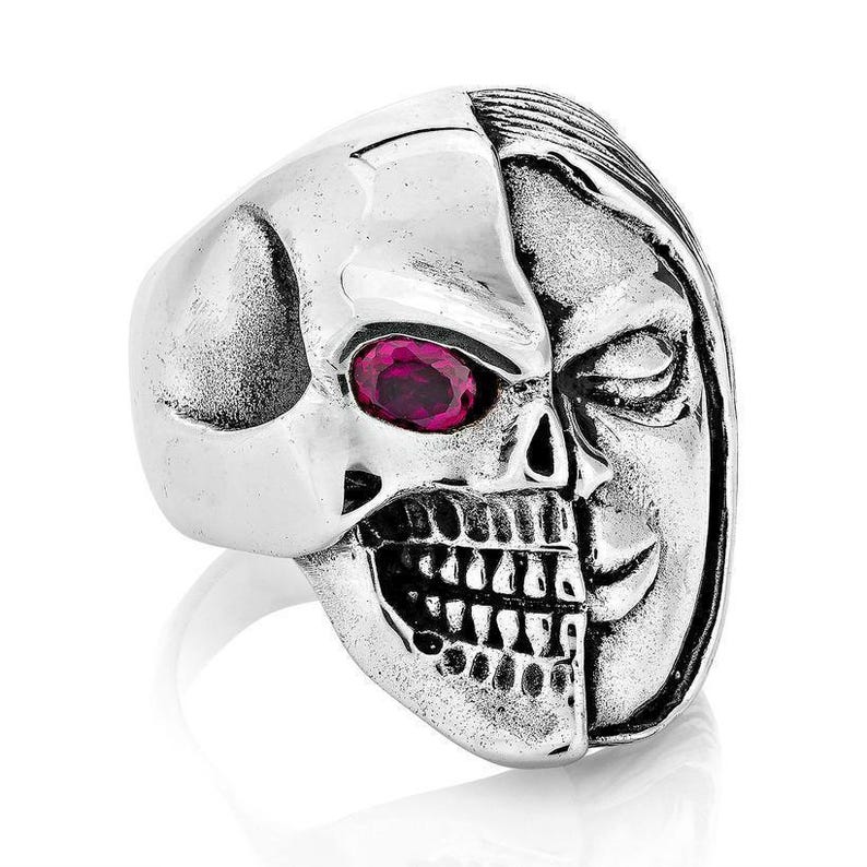 Two Face Skull Sterling Silver Ring With Red Eye Accent - Etsy