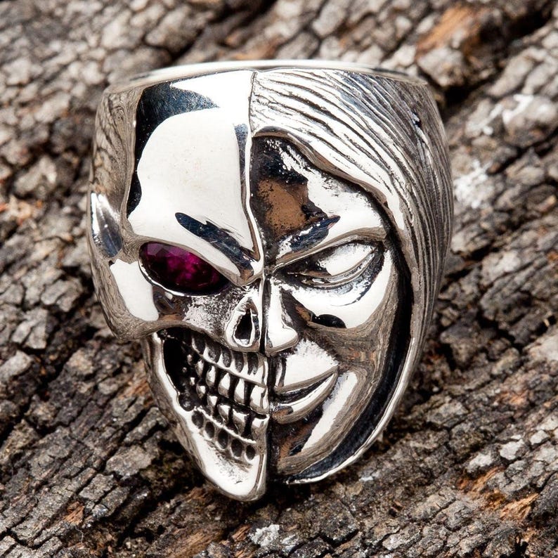 Two Face Skull Sterling Silver Ring With Red Eye Accent - Etsy