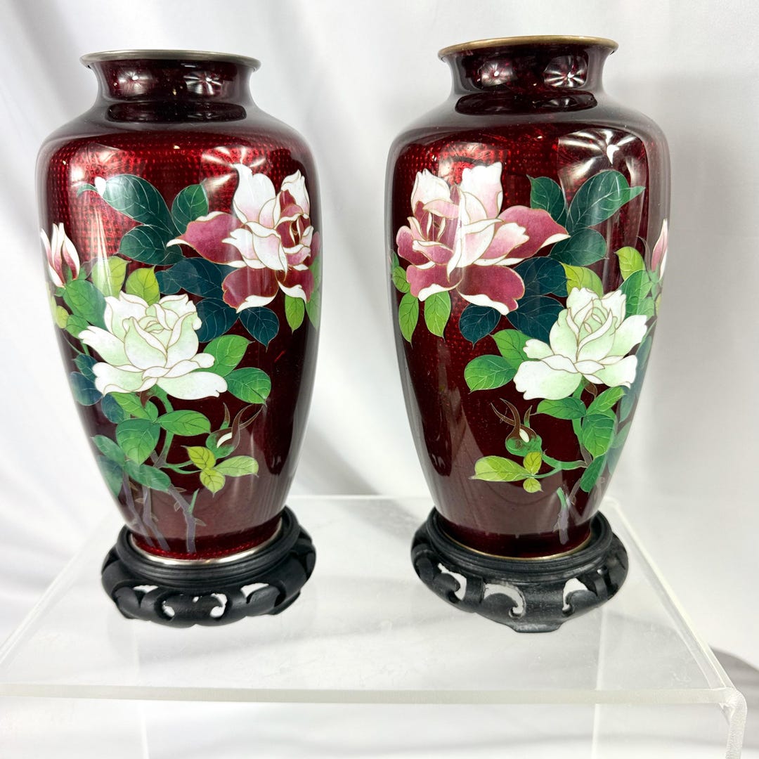 Japanese Akasuke Ginbari Cloisonne Flowers Pigeon Blood Vase, Red ...