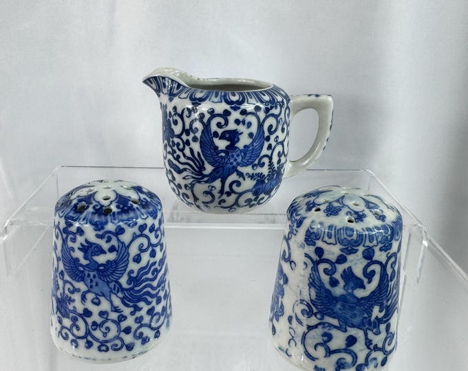 Phoenix Ware Flying Turkey Blue and White Porcelain Creamer, Salt and ...