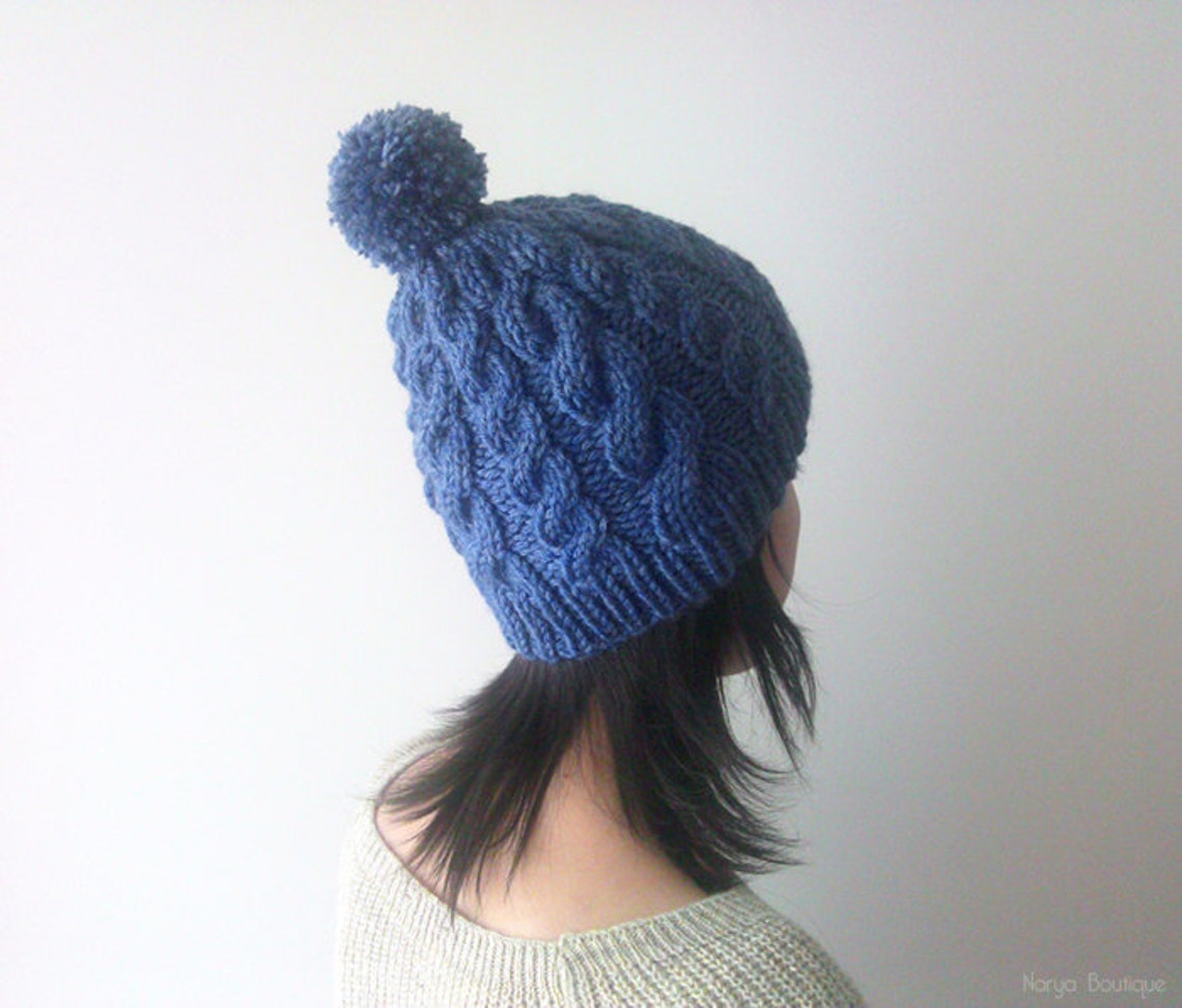 Chunky Cable Beanie in Indigo Knit Hat With Pom Pom Womens - Etsy