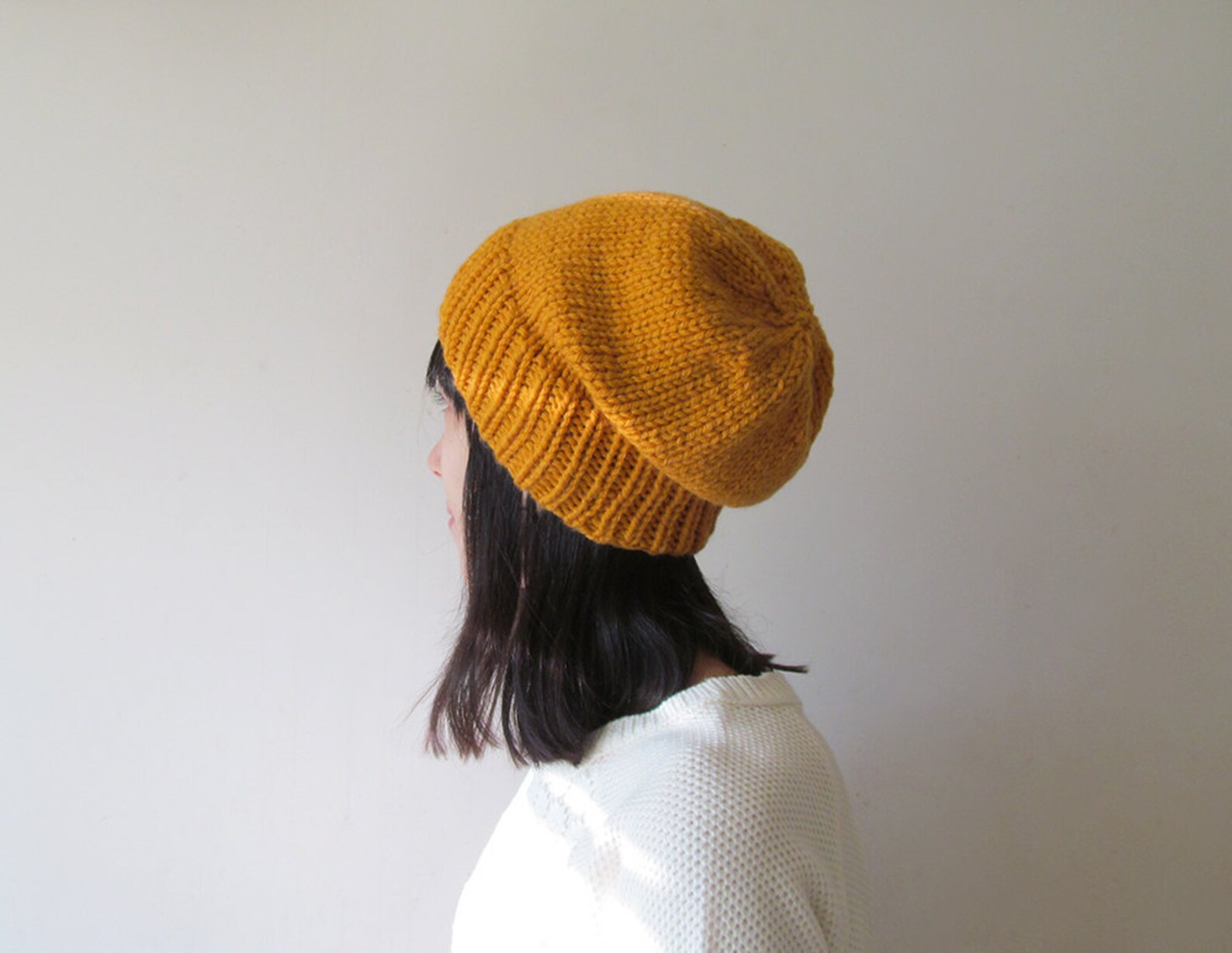 Mustard Yellow Slouchy Beanie Women Knit Hat Hand Knit | Etsy