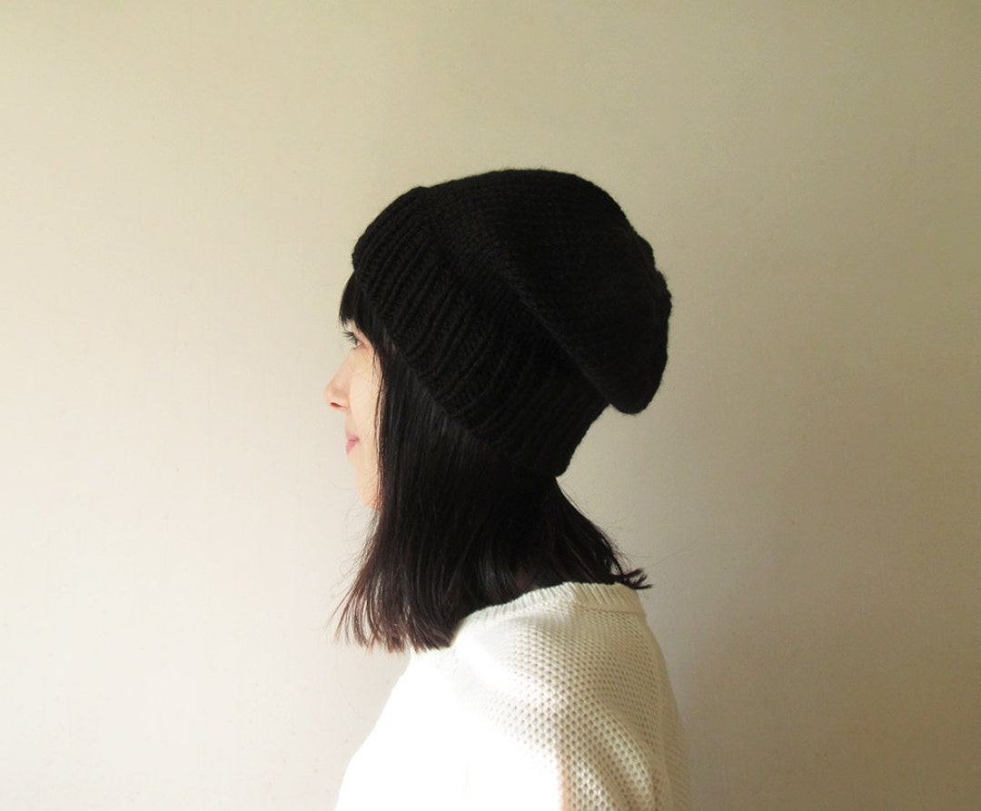 Black Slouchy Hat, Hand Knit Chunky Slouch Hat, Women Knit Hat, Wool ...