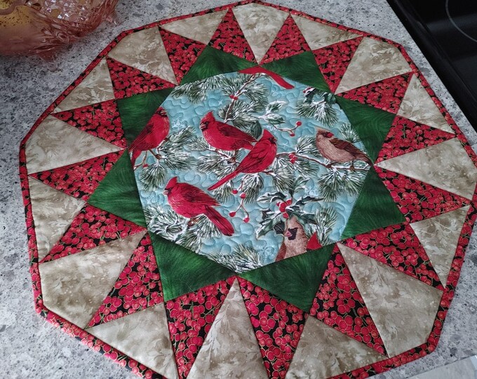 Elegant Christmas Quilted Table Runner, Cardinals Quilted Table Topper ...