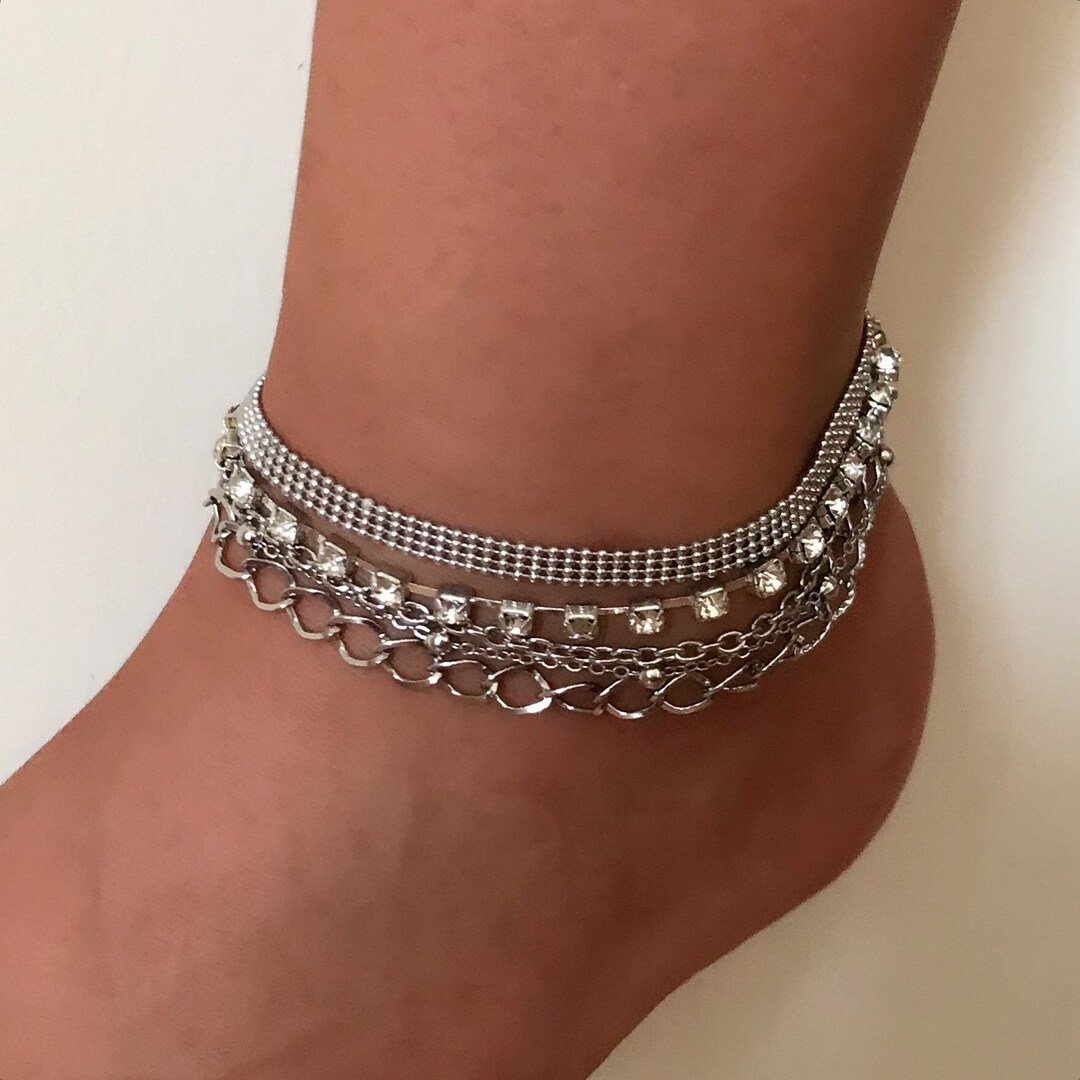 Silver Multistrand Anklet, Silver Ball Chain Ankle Bracelet, Multichain ...