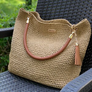 Crochet Bag With Paper Yarn,tote Bag in Tan, Large Knitted Paper Yarn ...