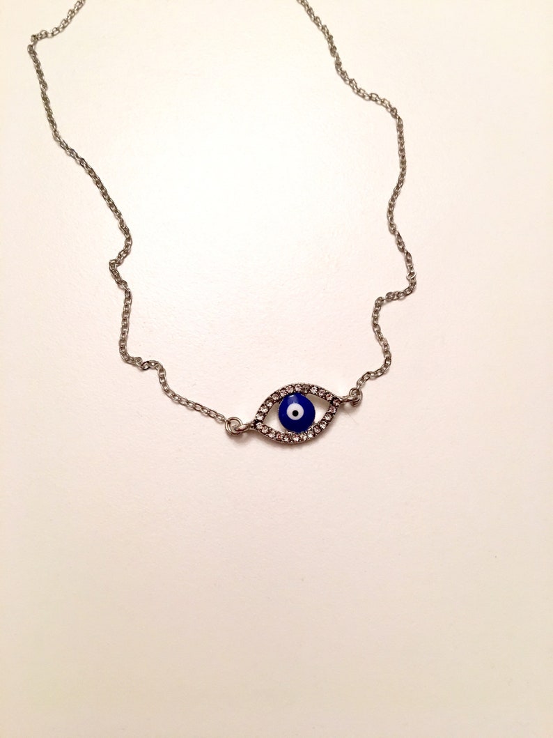 Silver Plated Evil Eye Rhinestone Necklace Rhinestone Blue - Etsy