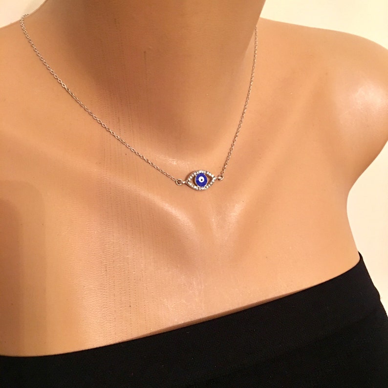 Silver Plated Evil Eye Rhinestone Necklace Rhinestone Blue - Etsy