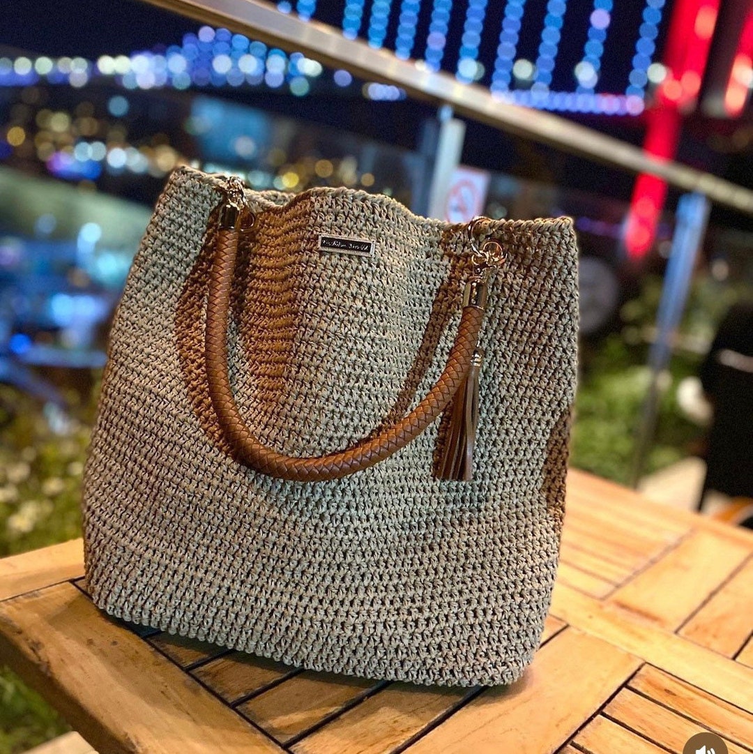 Crochet Bag With Paper Yarn,tote Bag in Tan, Large Knitted Paper Yarn ...