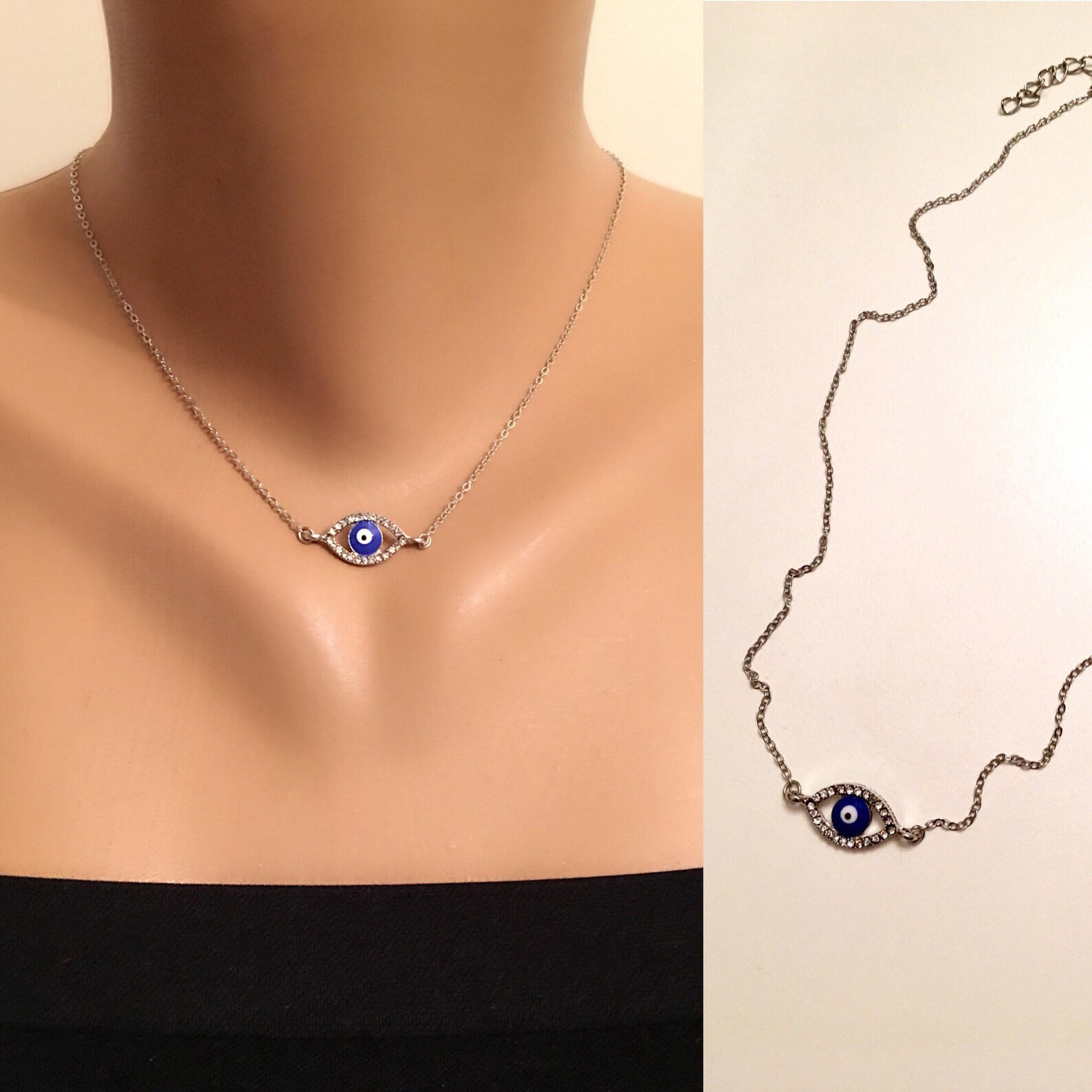 Silver Plated Evil Eye Rhinestone Necklace Rhinestone Blue - Etsy