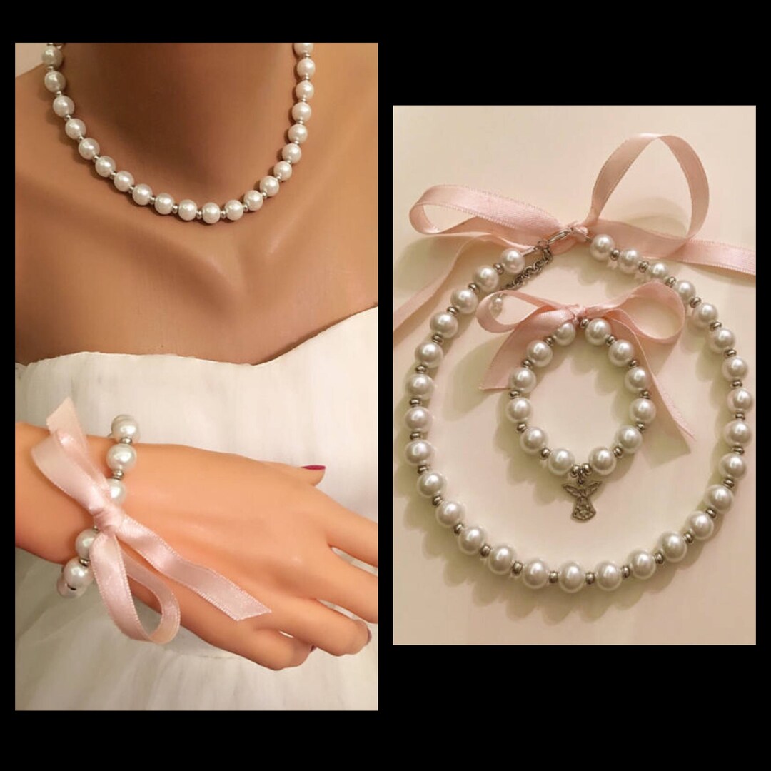 Light Pink Ribbon Flower Girl Pearl Set Bridal Gifts Wedding - Etsy