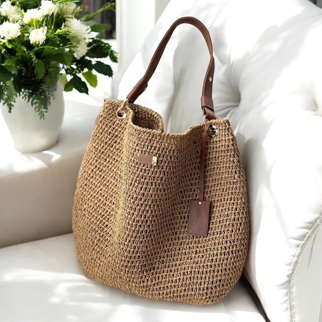 Crochet Bag With Paper Yarn,tote Bag in Tan, Large Knitted Paper Yarn ...