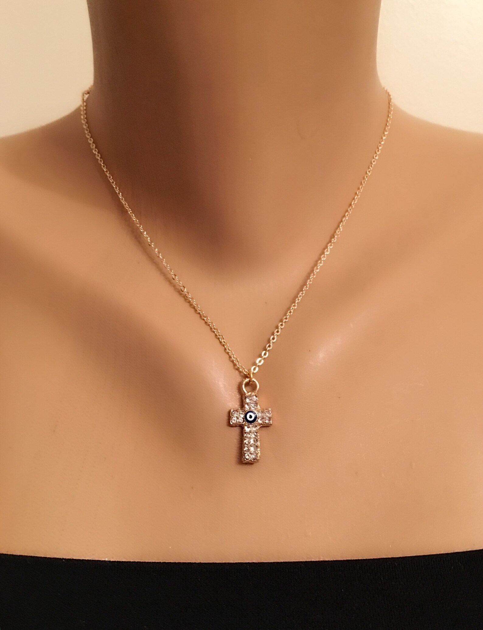 Sparkle Cross Gold Plated Evil Eye Cross Pendant Necklace | Etsy