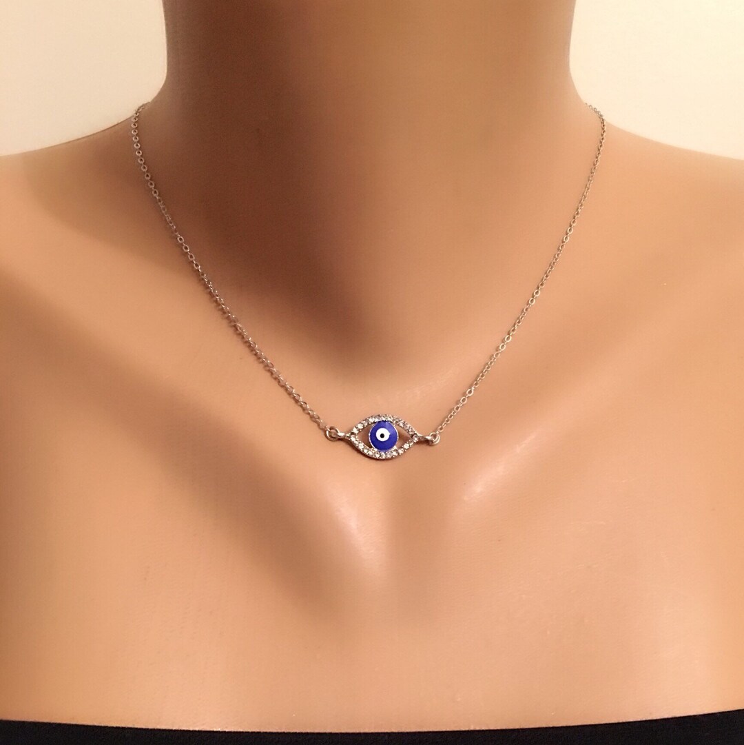 Silver Plated Evil Eye Rhinestone Necklace Rhinestone Blue Evil Eye ...
