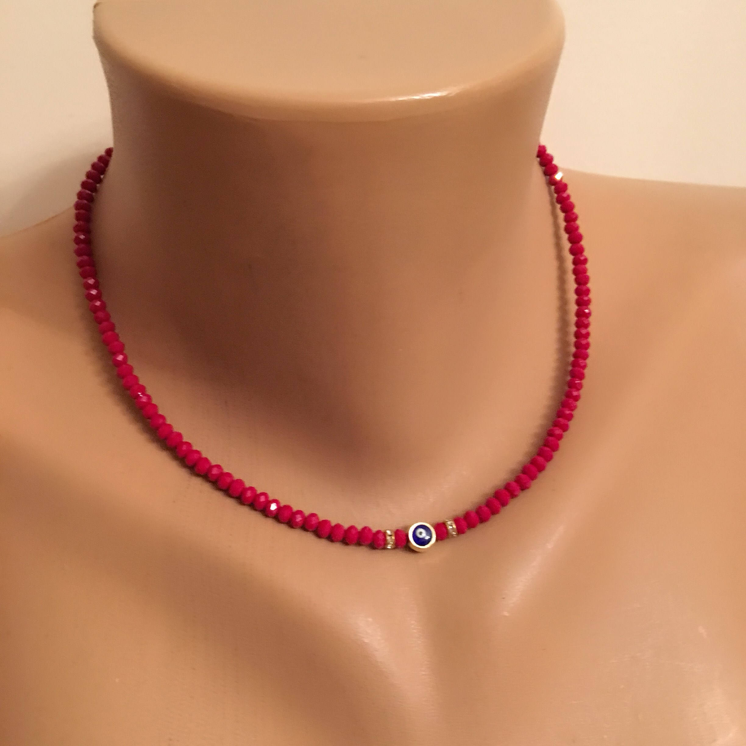 Red Crystal Beaded Necklace Evil Eye Bead Red Necklace Gift | Etsy