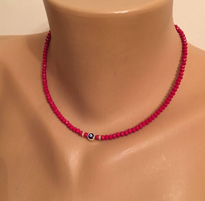 Red Crystal Beaded Necklace Evil Eye Bead Red Necklace Gift - Etsy