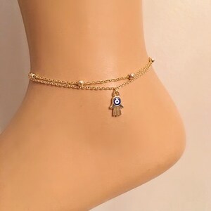 Gold Plated Evil Eye Hamsa Hand Ankle Bracelet, Evil Eye Charm Anklet ...