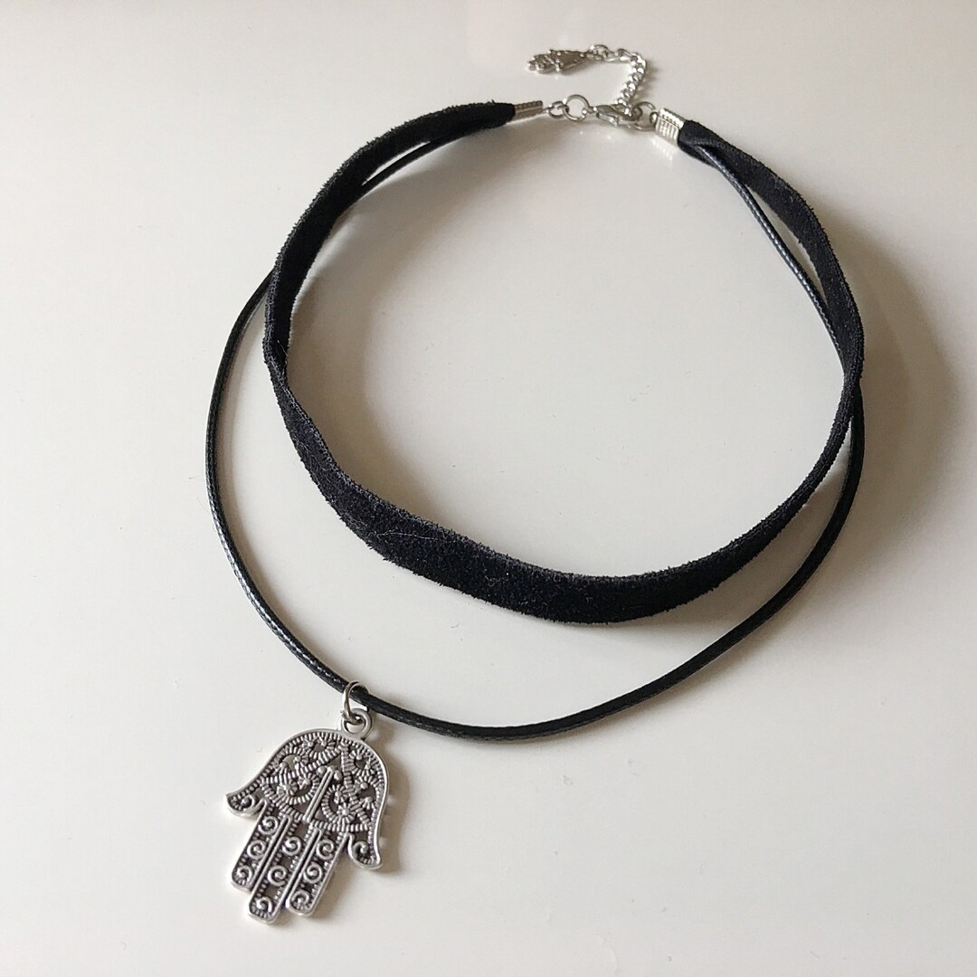 Hamsa Hand Choker Necklace, Charm Leather Cord Necklace, Antique Silver ...