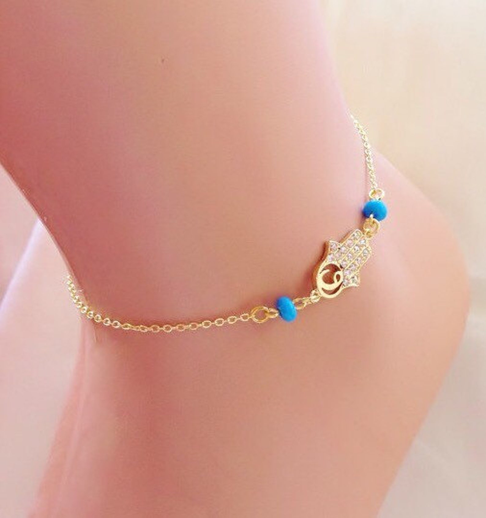 Gold Plated Rhinestone Hamsa Hand Ankle Bracelet Birthday - Etsy
