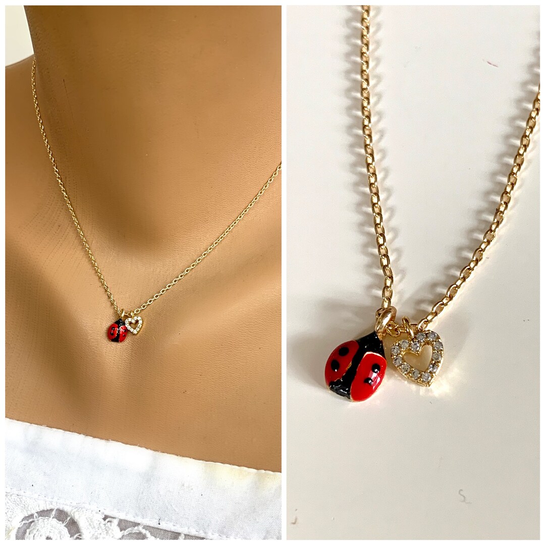 Gold Plated Ladybird Necklace, Tiny Heart Necklace, Ladybug Charm ...