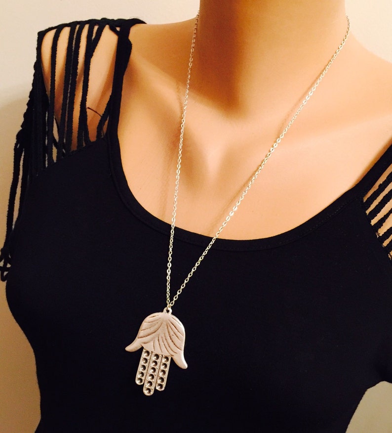 Silver Hamsa Hand Necklace Antique Silver Necklace Boho | Etsy